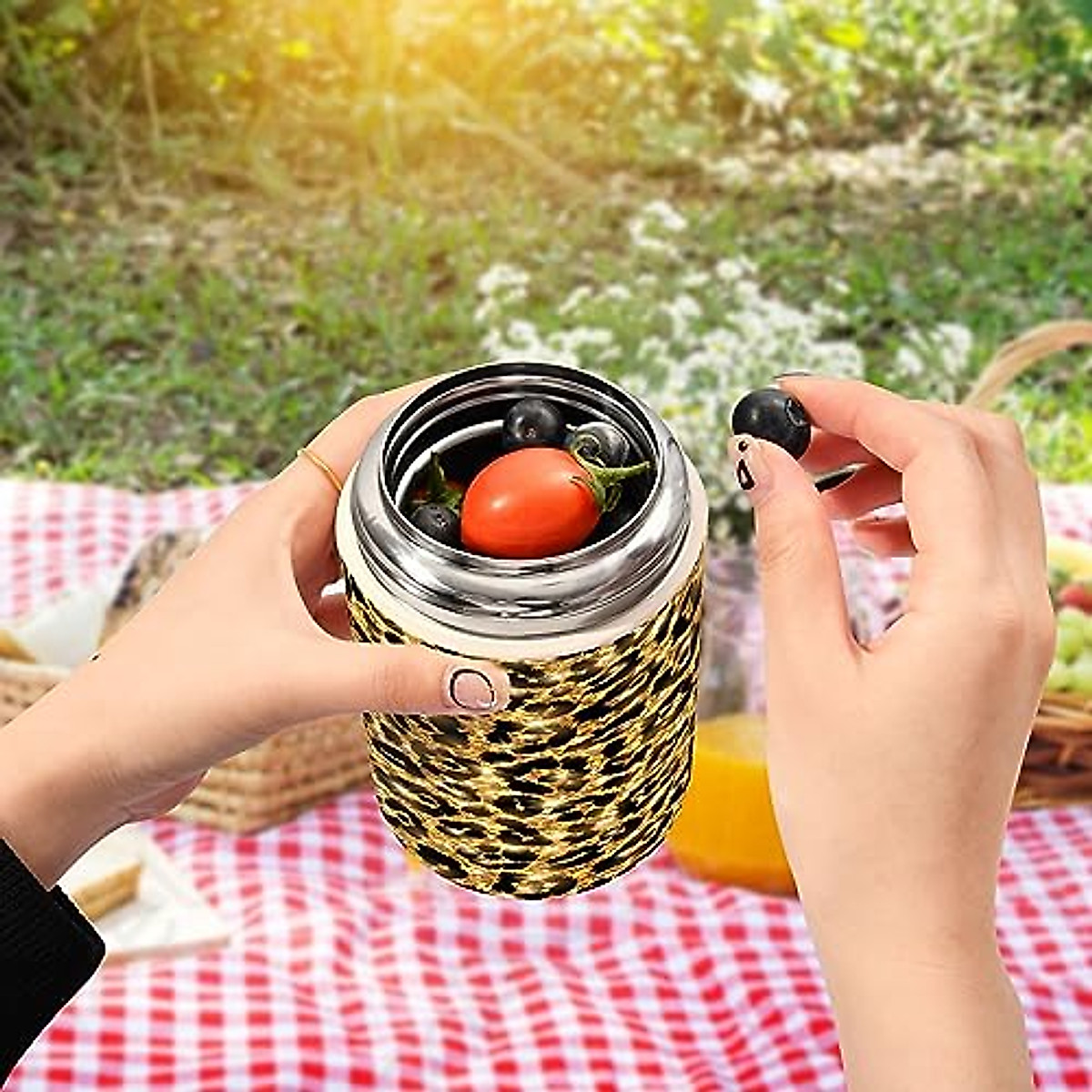 CUPADA Gold Leopard Food Jar for Hot and Cold, Seamless Printed Insulated Food Jars Vacuum 17OZ with Folding Spoon for Work Trip Picnic Camping