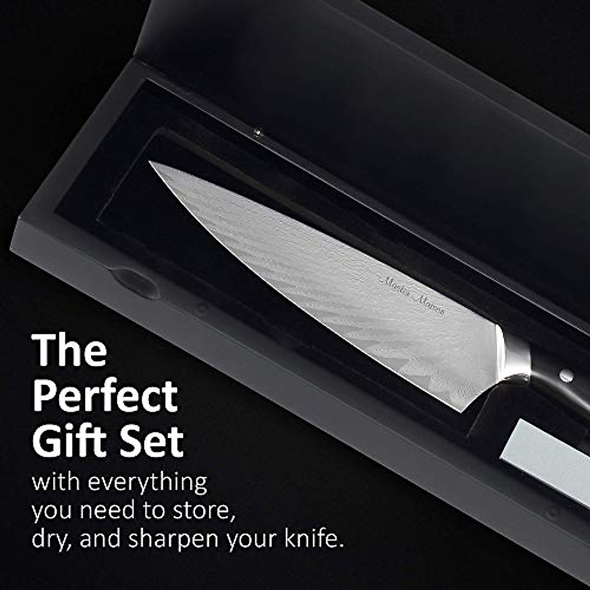 Master Maison 8" Damascus Steel Chef Knife: Full-Tang Black Handle with Japanese Mosaic Rivet, AUS-10 Ultra-Sharp Stainless Steel Japanese Chef Knife, Damascus Chef Knife, Wooden Storage Box & Extras