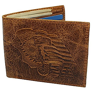 MARSHAL RFID Blocking Genuine Leather Men's Bifold Eagle USA Flag Wallet Gift (Brown)