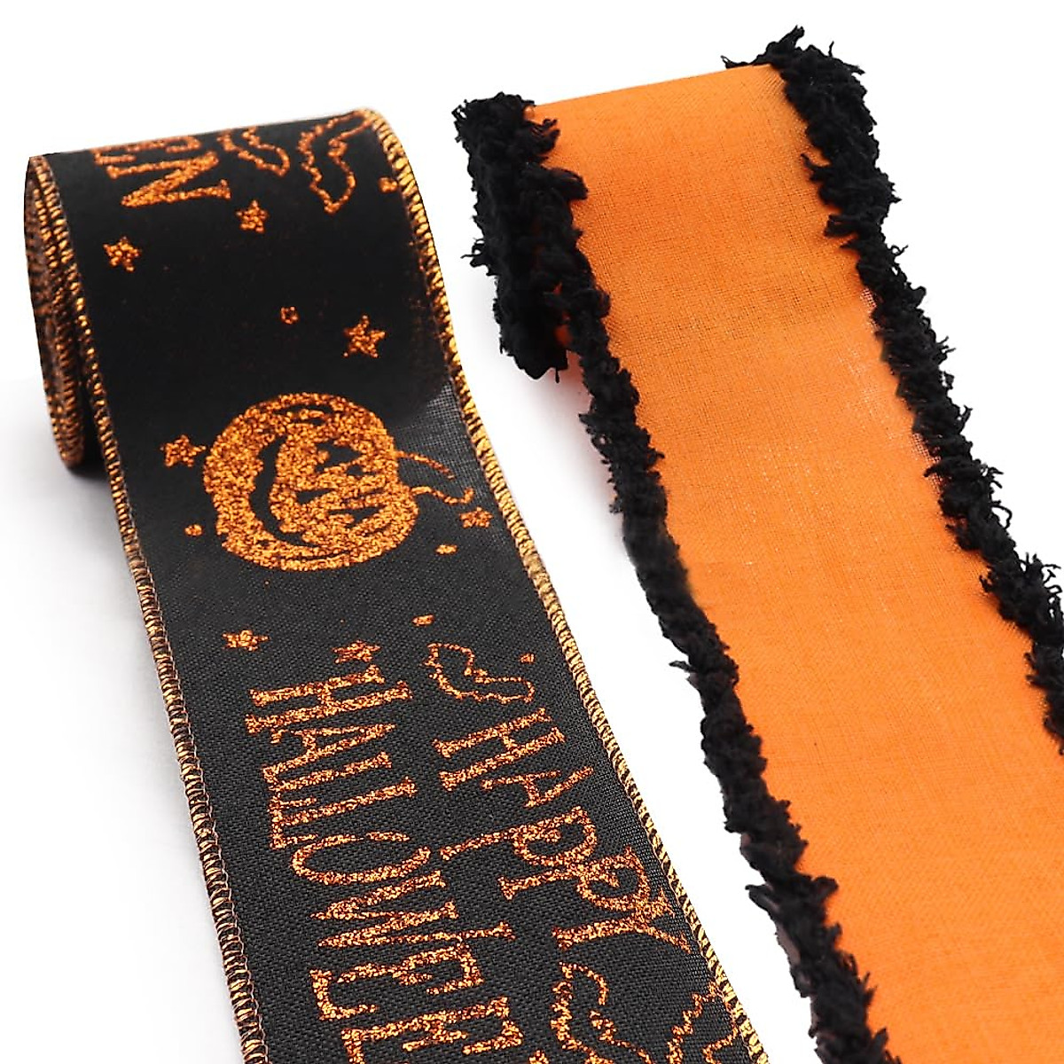 Threetols 2 Rolls 10 Yards Halloween Wired Edge Ribbon, 2.5inch Black Orange Glitter Pumpkin Burlap Ribbon, Orange Velvet Ribbon for Halloween Party DIY Craft Home Wreaths Bow Decor