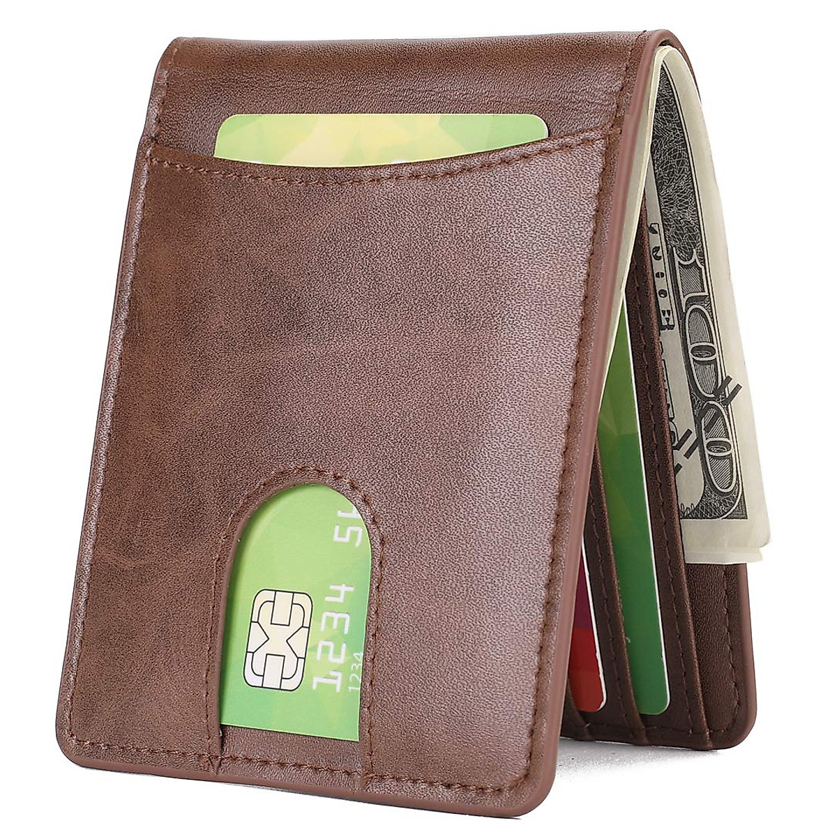 Mens Slim Front Pocket Wallet ID Window Card Case with RFID Blocking - Coffee with Quick Slot