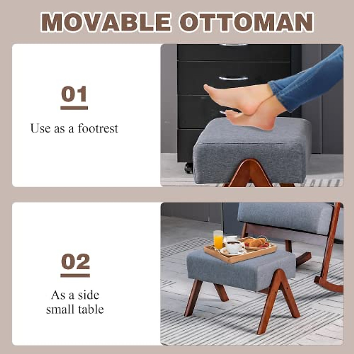 HOMREST Rocking Chair, Mid-Century Modern Upholstered Fabric Rocking Armchair with Ottoman & Thick Padded Cushion for Living Baby Room, Bedroom(Gray)