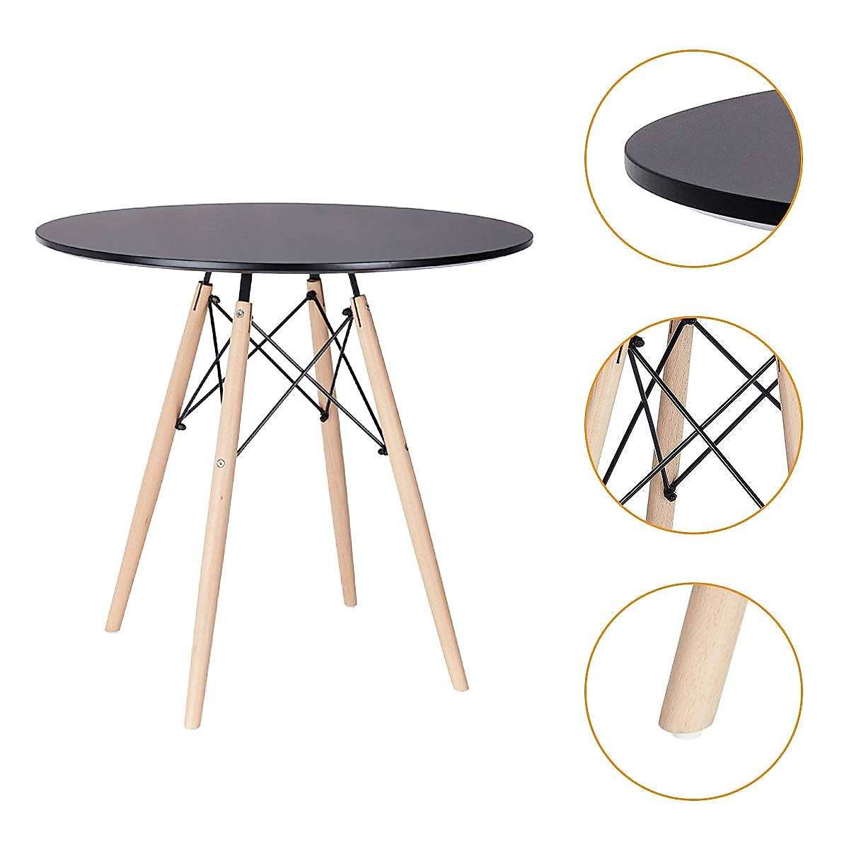 CangLong Modern Round Office Side Table in Black with Beech Wood Legs for Kitchen Living Bedroom