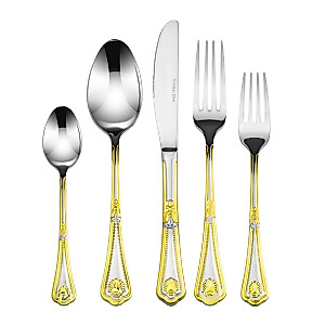 Venezia Collection "Seashell" Flatware Set 20-Piece Service for 4, 18/10 Stainless Steel Silverware Cutlery, 24K Gold Plated Trim