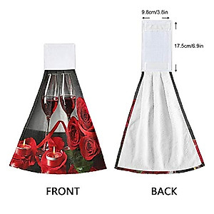 Red Wine in Glasses Red Rose Candle 2 Pcs Hanging Kitchen Hand Towels, Hanging Tie Towels with Hook & Loop Washcloth Dishcloths Sets Decorative Absorbent Tea Bar Bath Hand Towel