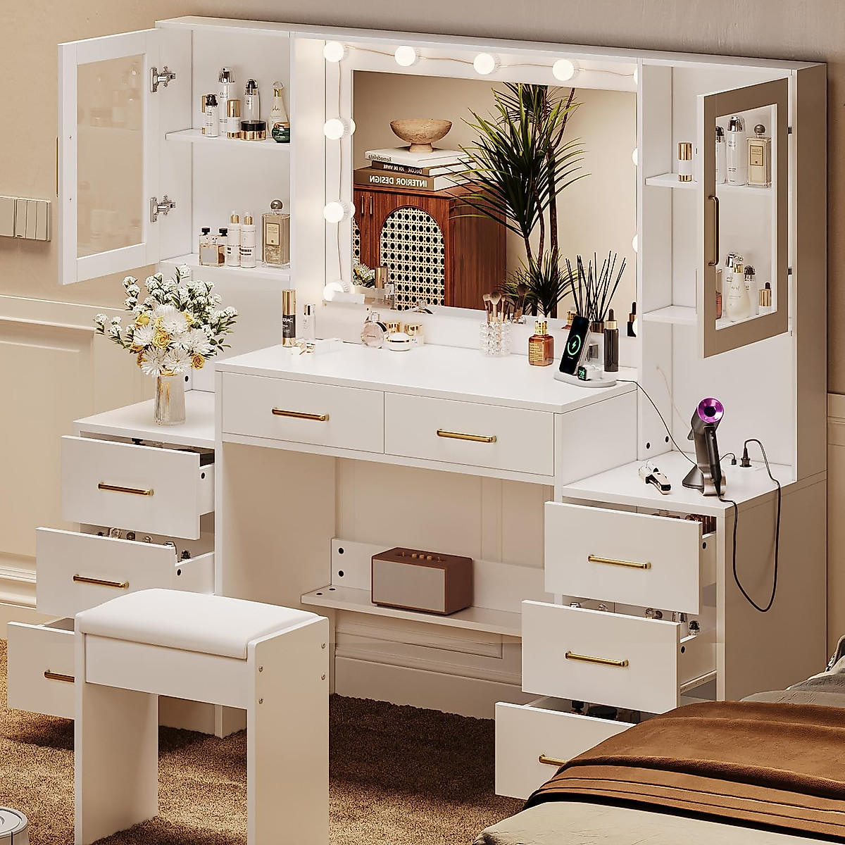 58.3" Large Vanity Desk with Mirror & Lights, Makeup Vanity with 10 LED Lights, 8 Metal Sliding Drawers & 2 Cabinets, White Vanity Set with Stool & Power Outlet 3 Lighting Modes Adjustable Brightness