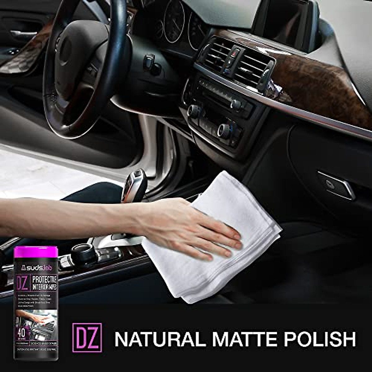 SUDS LAB DZ Protective Interior Wipes, Interior Shield Car Protectant Wipes, Clean and Protect Automotive Surfaces from UV Damage, Fading, and Dust Buildup, Natural Matte Polish, 40 count