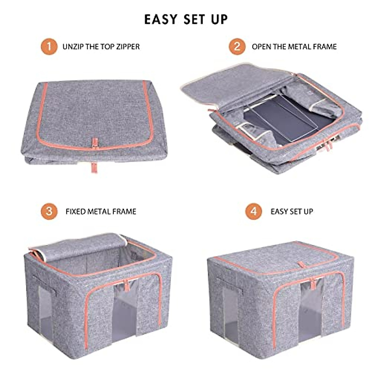 Tasmegol Foldable Clothes Storage Bins Stackable Steel Frame Closet Containers Organizer Bags Linen Cloth Clothing Box for Sweater Bedding Blanket（Grey 3 Pack 66L）