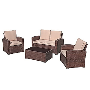 JOIVI Patio Furniture Set, 4 Piece Outdoor Patio Conversation Set, All-Weather PE Rattan Wicker Sectional Patio Sofa Set with Tempered Glass Coffee Table, Brown