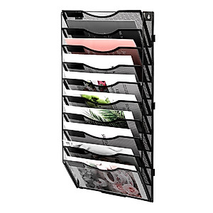 EasyPAG Mesh Wall File Holder 10 Pocket Assembly Office Hanging File Folder Organizer Magazine Rack Mail Sorter Bin | Nametag Label Included, Black