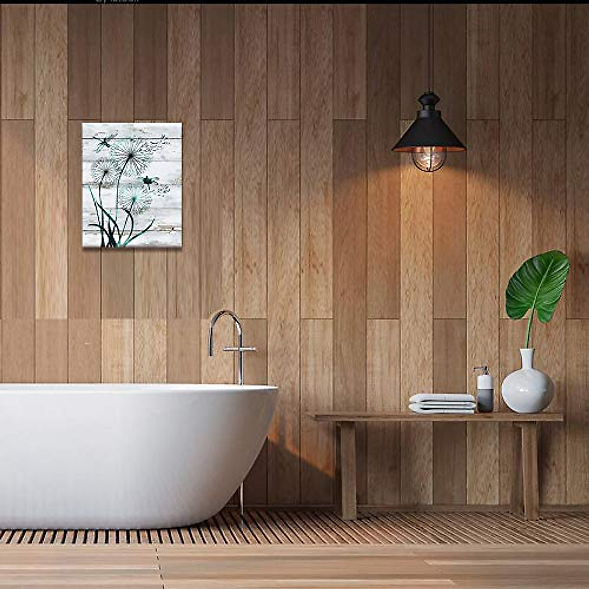 Visual Art Decor Abstract Teal Dragonfly with Dandelions Rustic Wood Texture Background Canvas Wall Art Prints Gallery Wrapped Picture Ready to Hang for Home Office Bedroom Living Room Wall Decoration