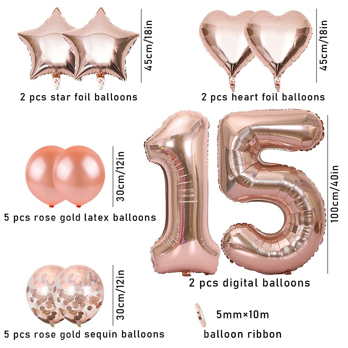 Ceqiny 40" 15th Number Balloon Mylar Balloon 18” Star Heart Foil Balloon 12” Sequins Latex Balloon for Birthday Party Wedding Bridal Shower Photo Shoot Anniversary Decor, Rose Gold 15 Balloon Kit