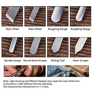 8Pcs Wood Lathe Tools, Professional Wood Turning Tools for Lathe Chisel Set with 2 Skew 1 Spear Point 1 Parting 1 Round Nose 3 Gouge Tools for Beginners Professionals Hobbyists