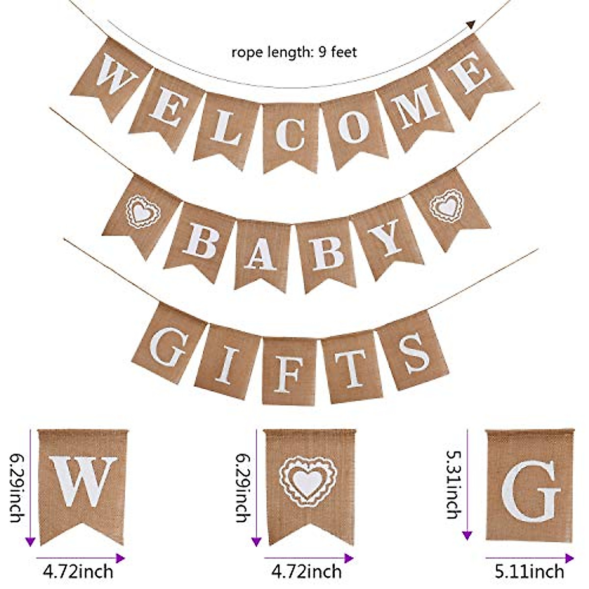 3 Pieces Welcome Baby Banner Gift Burlap Banner Baby Shower Banner Bunting Garland for Baby Shower Party Ornament Favors(Khaki)