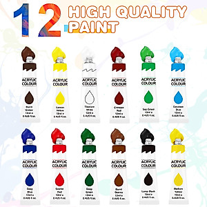 ESRICH 26PCS Acrylic Paint Set with 12Colors Acrylic Paints (12ml, 0.4 oz), 10 Paint Brushes, 2Canvas, 1 Wood Easel, 1 Plate, Painting Supplies Kits for Kids, Adults, Artists and Beginners