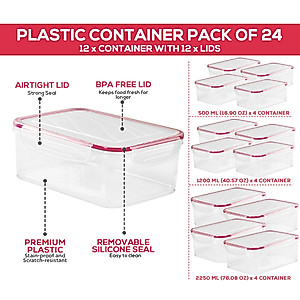 Utopia Kitchen Plastic Food Containers Set - Pack of 24 (12 Containers & 12 Snap Lids) Food Storage Containers with Airtight Lids - Reusable & Leftover Lunch Boxes - Leak Proof & Microwave Safe