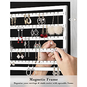 Nicetree 6 LEDs Mirror Jewelry Cabinet with 3 Improvements, 4.2" D Lockable Mirror with Jewelry Storage, Door/Wall Mounted Jewelry Organizer Mirror, Larger Capacity, White