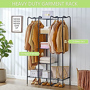 Clothes Rack with Shelves, Metal Closet Wardrobe Clothes Organizer, Portable Wardrobe Closet for Hanging Clothes with Hanging Rods, Freestanding Wire Shelving Garment Rack Closet Organizer and Storage