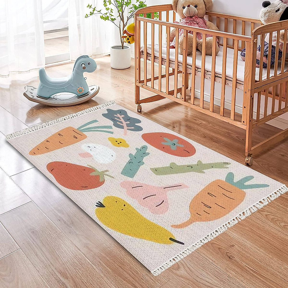 Boho Area Rug Vegetables Collection Set Illustrations Veggies Fruit Trendy Earthy Play Mat Runner Carpet Minimalist Room Decor Indoor Outdoor Woven Rug Entryway Laundry Room Bedroom Rug 3x5'