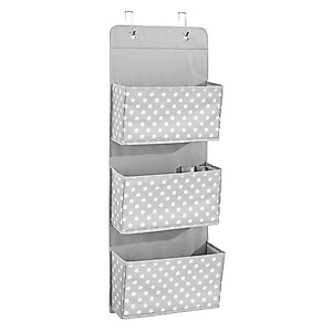 mDesign Fabric Baby Nursery Hanging Organizers for Over The Door Storage for Kids - 3 Pocket Organizer Caddy with Hooks for Clothing, School, Diaper, Toy, and Outfit Storage - Polka Dot, Gray/White