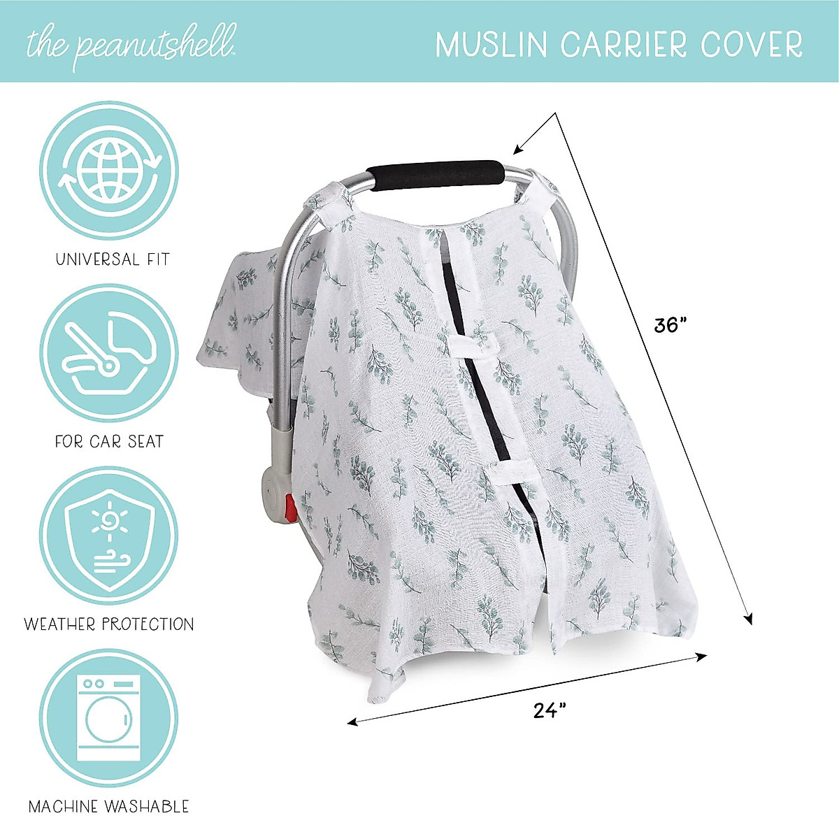 The Peanutshell Muslin Canopy Car Seat Cover, Breathable Lightweight 360° Protector Baby Car Seat Cover Size 36" x 24" - Gender Neutral Eucalyptus Pattern