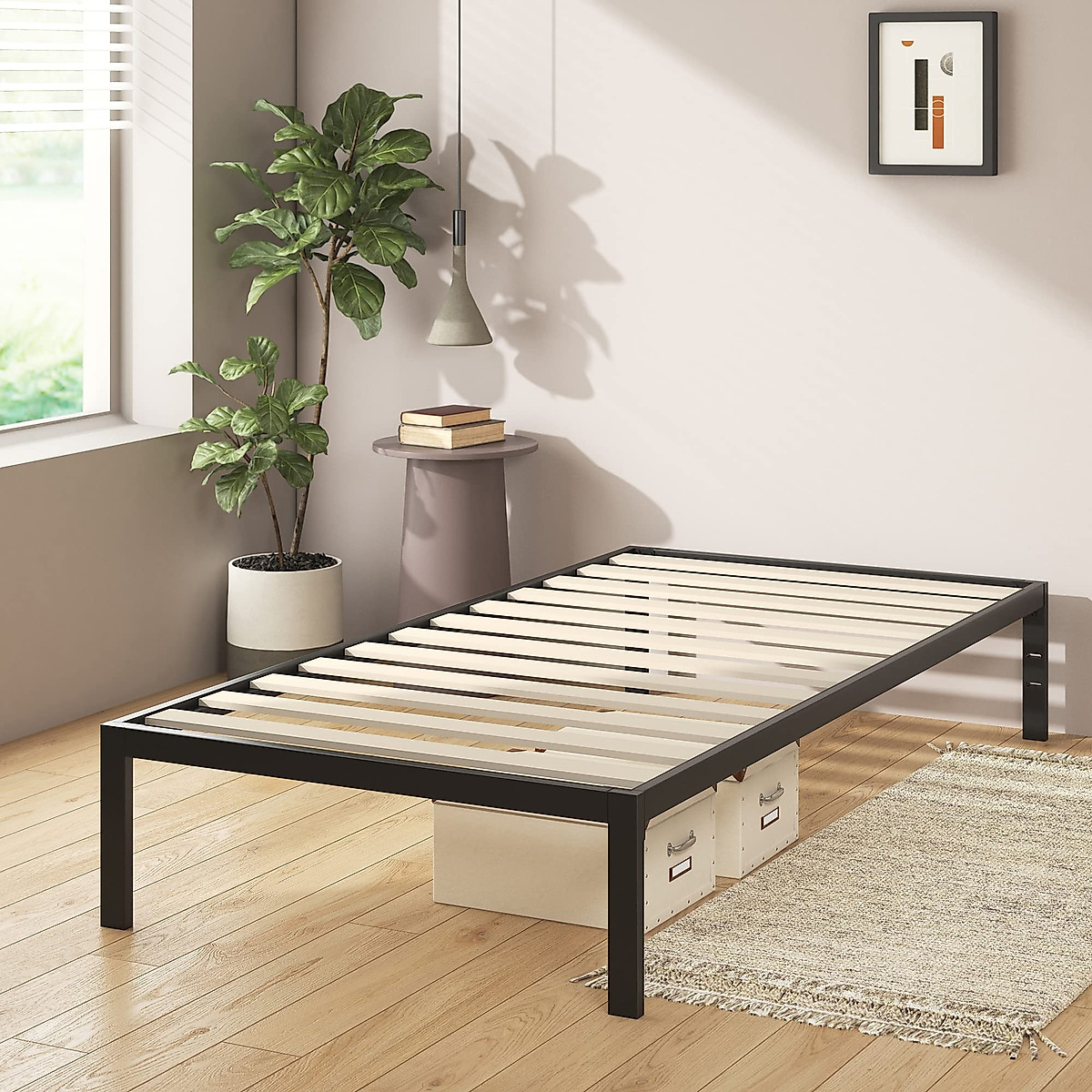 ZINUS Mia Metal Platform Bed Frame, Wood Slat Support, No Box Spring Needed, Easy Assembly, Black, 75" x 30" (Narrow Twin)
