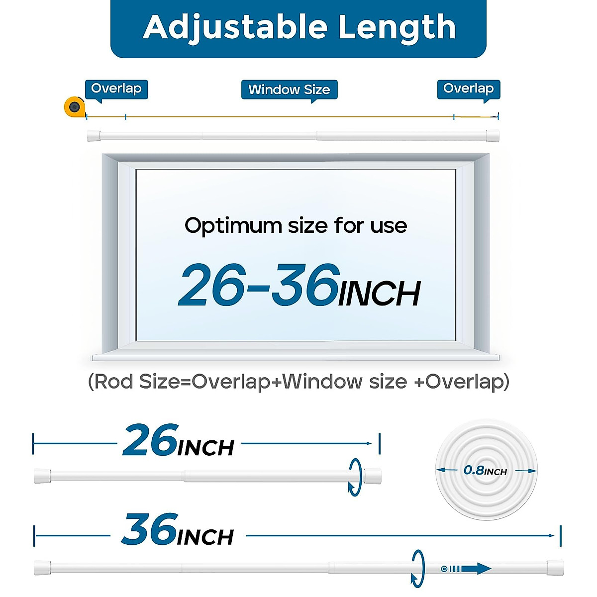 AIZESI 2pcs Spring Tension Rods Adjustable 26 to 39 inch Tension Curtain Rod Small Tension Rod No Drilling Expandable Spring Loaded Curtain Tension Rod,Suitable for Doors and Windows 28 to 36 inch