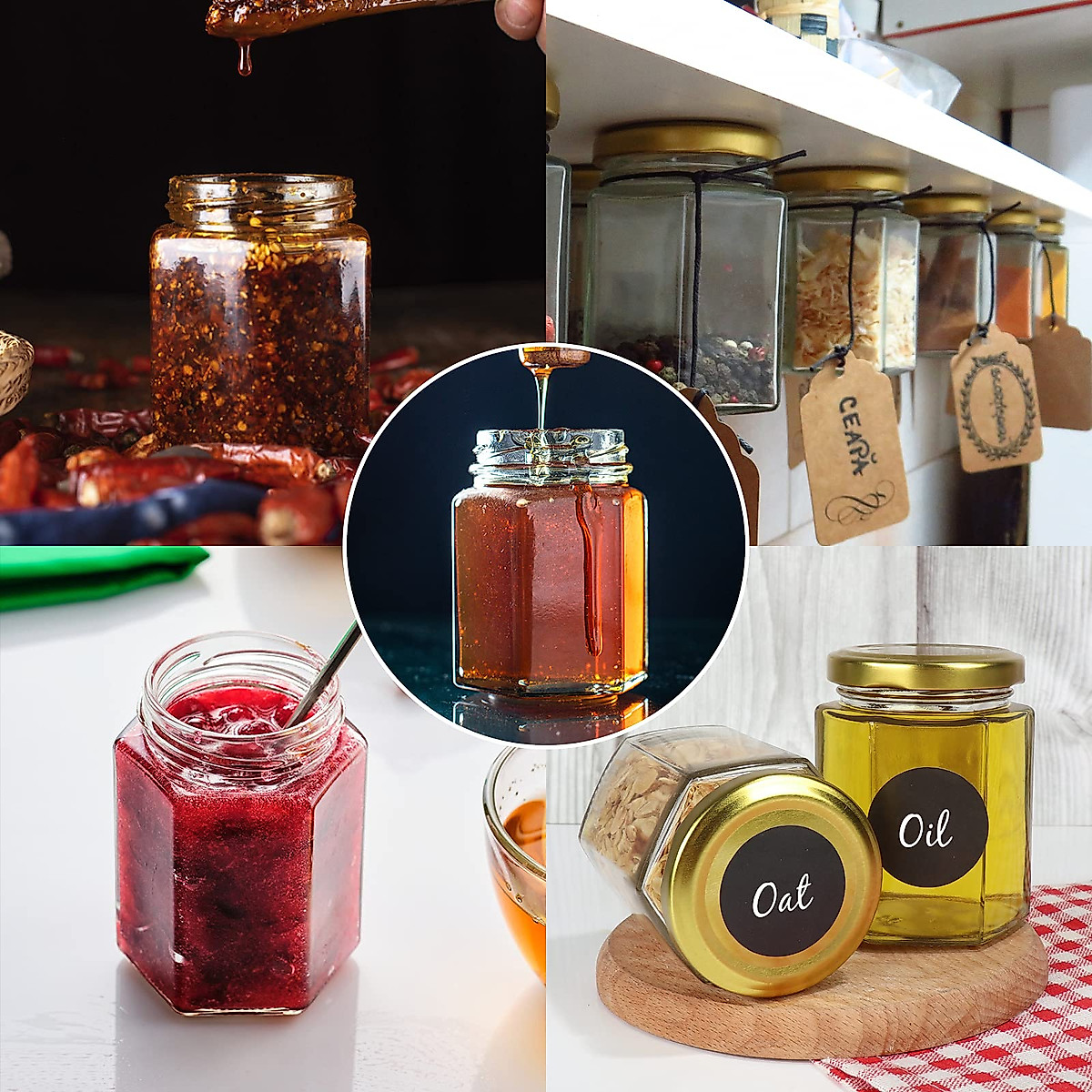 Betrome 30 Pack 6oz Hexagon Glass Jars with Gold Lids, 180ml Clear Glass Canning Jars Honey Jars Spice Jars Mason Jars for Jams, Shower Favors, Wedding Favors, Craft, 1 Pen and Labels Included