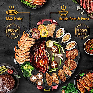 ANKYNE Hot Pot with Grill, Electric Hot Pot with Dual Temperature Control, Hotpot Pot Electric Grill Shabu Shabu Pot Korean bbq Grill Smokeless for Simmer, Boil, Fry, Roast, Red