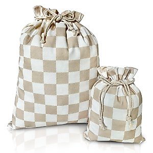 Gather & Knot Drawstring Gift Bags | 20" Large 12" Small | Premium Canvas | Reusable Fabric Wrap for All Occasions, Birthdays, Baby Shower | Gender Neutral Unisex | Checkers Taupe