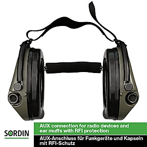 Sordin Supreme MIL AUX Active Ear Defenders - for Military & Special Forces - Neck Band & Foam Kits - Green Ear Muffs