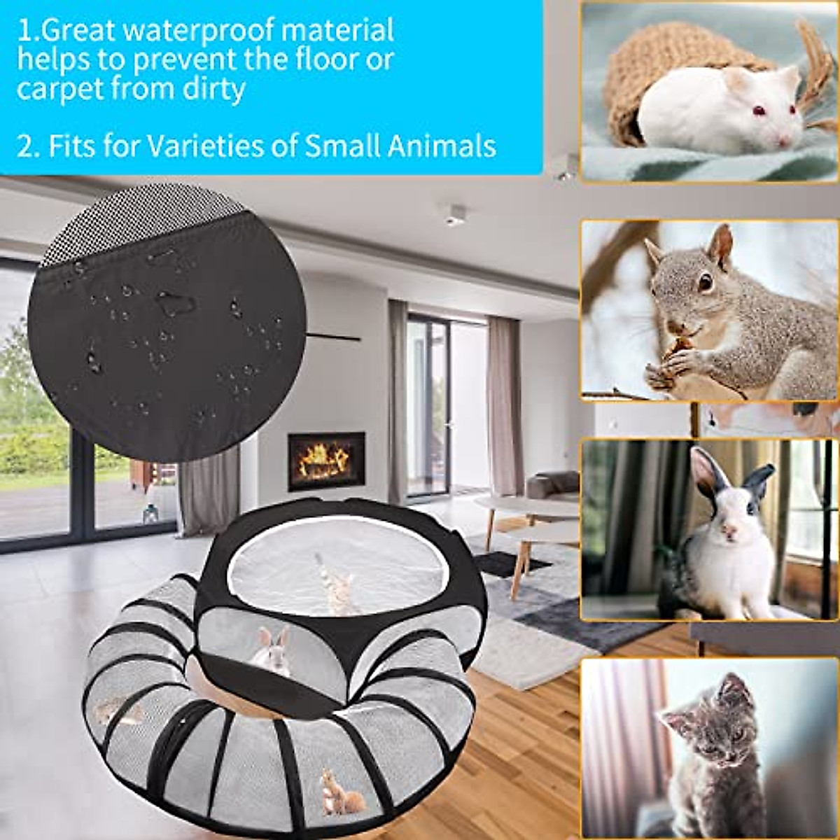 Small Animal Playpen with Toy Tunnel, Waterproof Pet Playpen Guinea Pig Cage Rabbit Cage Breathable Tent Yard Fence with Top Cover Cat Outdoor Enclosure Bunny Cage Indoor for Hamster, Ferret, Hedgehog