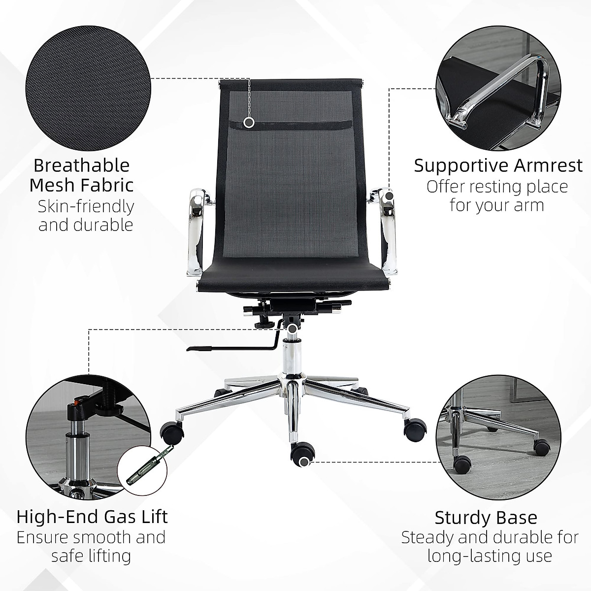 Vinsetto Mesh Office Chair, Swivel Desk Chair with Adjustable Height, Armrests and Tilt Function, Black