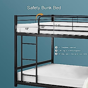 VINGLI Full Over Full Bunk Bed, Low Bunk Bed for Kids Floor Bed Full Size Bunk Bed for Adults,Heavy Duty Metal Slat, No Box Spring Needed, Black