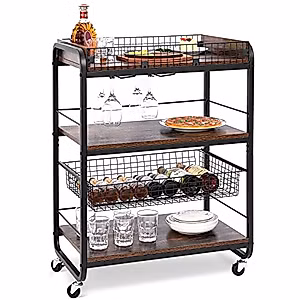 YITAHOME Bar Carts for The Home, Industrial Bar Cart with Movable Basket, Serving Cart on Wheels with 3-Tier Storage Shelves, Kitchen Cart with Glass Holder for Dining Room, Bar, Rustic Brown