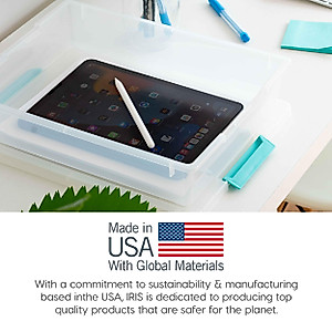 IRIS USA 6 Quart Clip Box, Clear Plastic Storage Bins with Secure Latching Buckles, Organizing Container for Office, School, Kids and Craft Room, Large, Clear/Seafoam Blue, 4 Pack