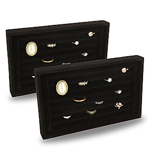 CertBuy 4 Pack Ring Display Tray Jewelry Organizer, Black Velvet 7 Slots Ring Earrings Showcase Trays Holder, Stackable Drawer Ring Display Tray Jewelry Showcase for Multiple Rings Drawer Inserts
