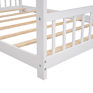 Full House Beds White Montessori Bed Wood Frame Kids Platform Bed with Headboard & Footboard for Children Boys Girls Teens