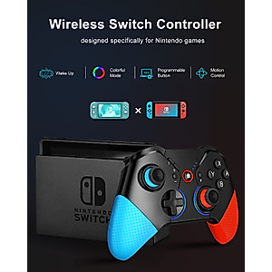 Switch Controller for Nintendo with Wake Up, Bluetooth Gamepad Remote Grip with Macro Motion Vibration Turbo RGB Light, Wireless Pro Controller Joy Con Switch for Kids Gifts - Blue&Red