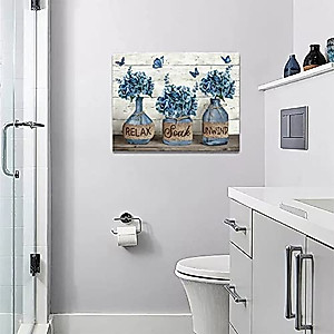Farmhouse Bathroom Decor Wall Art Blue Hydrangea Bathroom Pictures for Wall Rustic Country Bathroom Canvas Prints Bathroom Sign Artwork Modern Home Decor for Bathroom Framed Ready to Hang 12"x16"