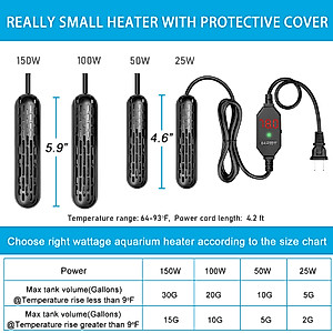 YukiHalu Small Aquarium Heater 25/50/100/150W with Protective Cover, Mini Fish Tank Heater, External Controller, Temperature Adjustable, Digital Display, Used for 5/10/20/30 Gallons (50W-10Gallon)