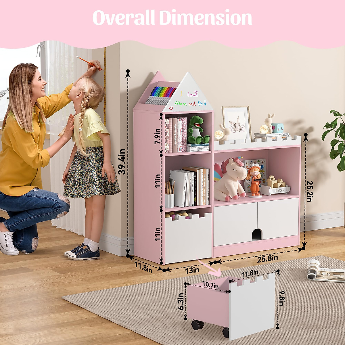 Decofy Toy Storage Organizer, Wood Kids Castle Bookshelf, 6 Cubby Children Bookcase, Montessori Book Shelf for Nursery, Playroom, Living Room [Size: 39.4" L* 11.8" W * 39.4" H] Pink