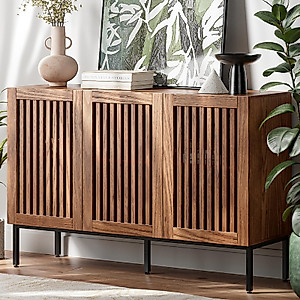 BVIUNTWO Storage Cabinet,47.2" Farmhouse Buffet Cabinet with Metal Base and Adjustable Shelves,Sideboard Coffee Bar Cabinet with 3 Doors for Kitchen,Dining Room,Living Room,Brown