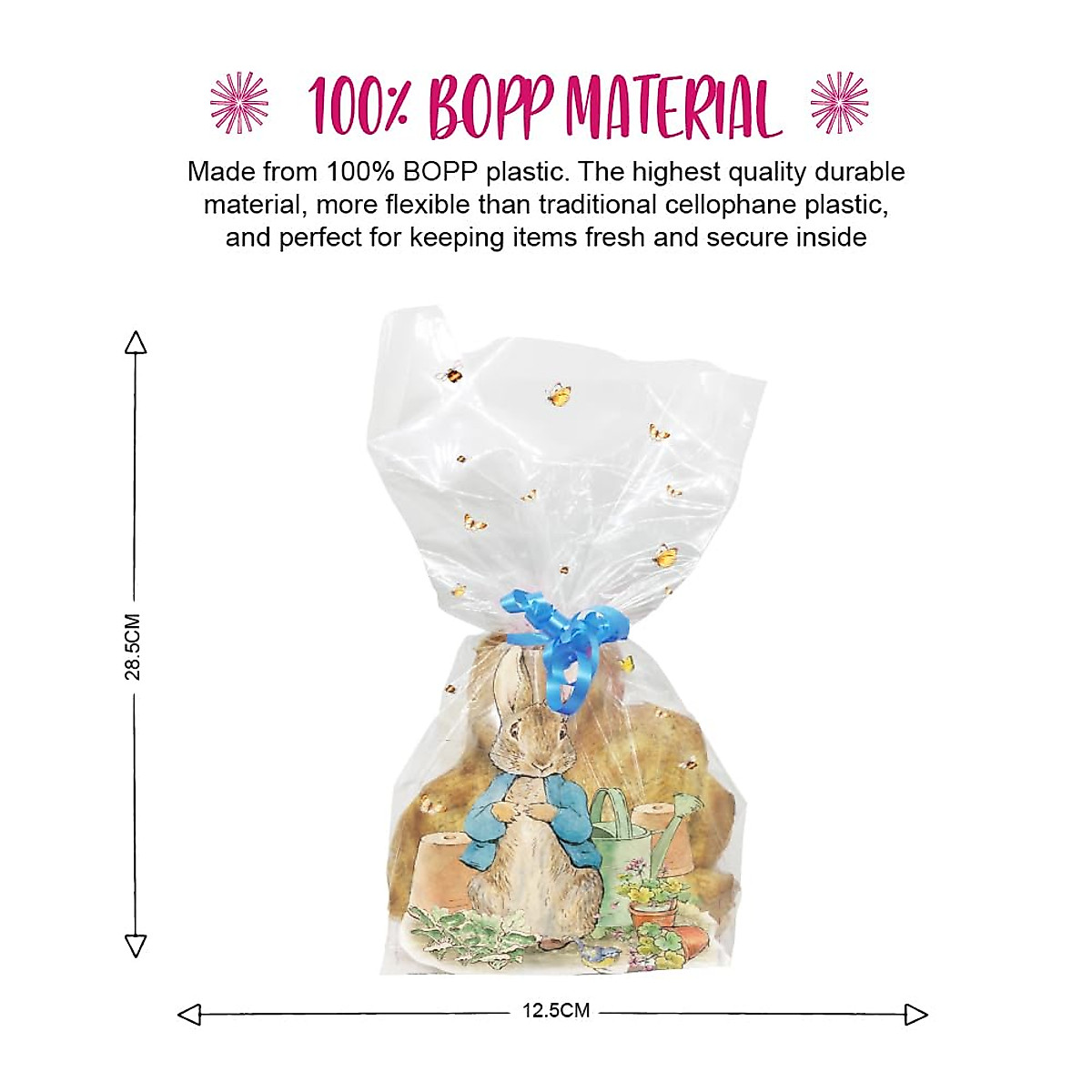Anniversary House Official Beatrix Potter™ Peter Rabbit™ Treat Bags, BOPP Cellophane Bags, 12.5 x 28.5cm, Pack of 20, Including Twist Ties, Party Bags for Baby Showers, 1st Birthdays, M569