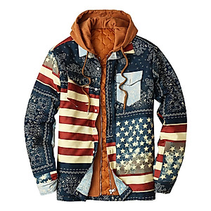 Men Casual Autumn and Winter Retro Print Hooded Zipper Pocket Long Sleeve Shirt Color Blocking Jacket (Multicolor, XL)