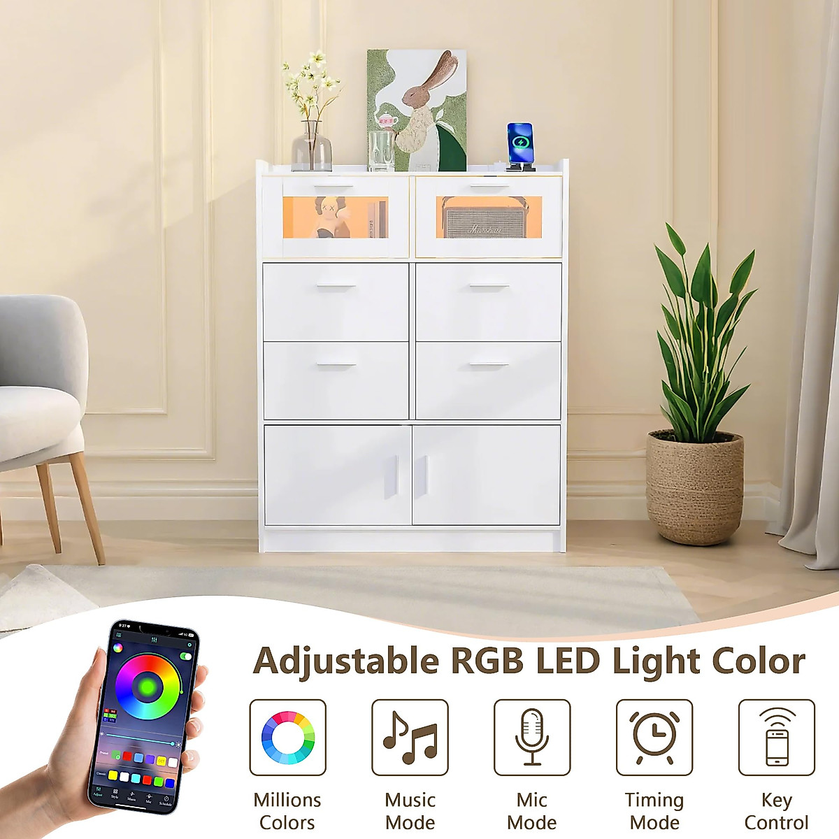 VECELO Dresser for Bedroom, Chest of 6 Drawers with Adjustable LED Lights & Power Outlet, Raised Edge and Large Storage Capacity, Multiple Modes, White