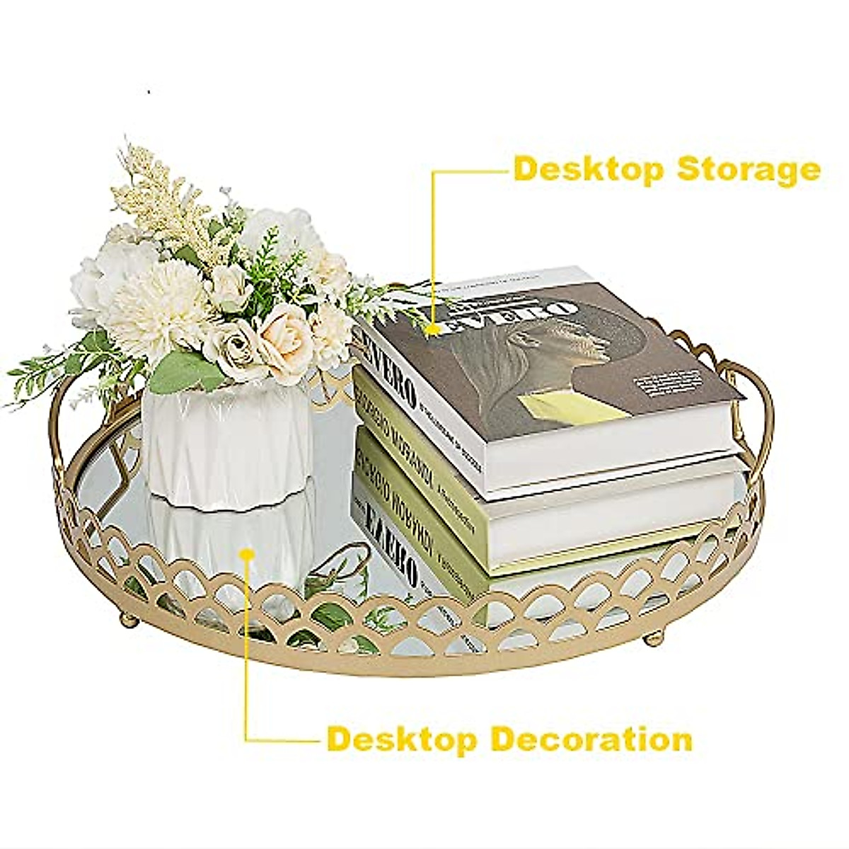 MAONAME Gold Mirror Decorative Tray, Large Vanity Tray with Handle, Metal Round Glass Tray for Bathroom, Dresser, Storage | 17" x 17" x 2.75"