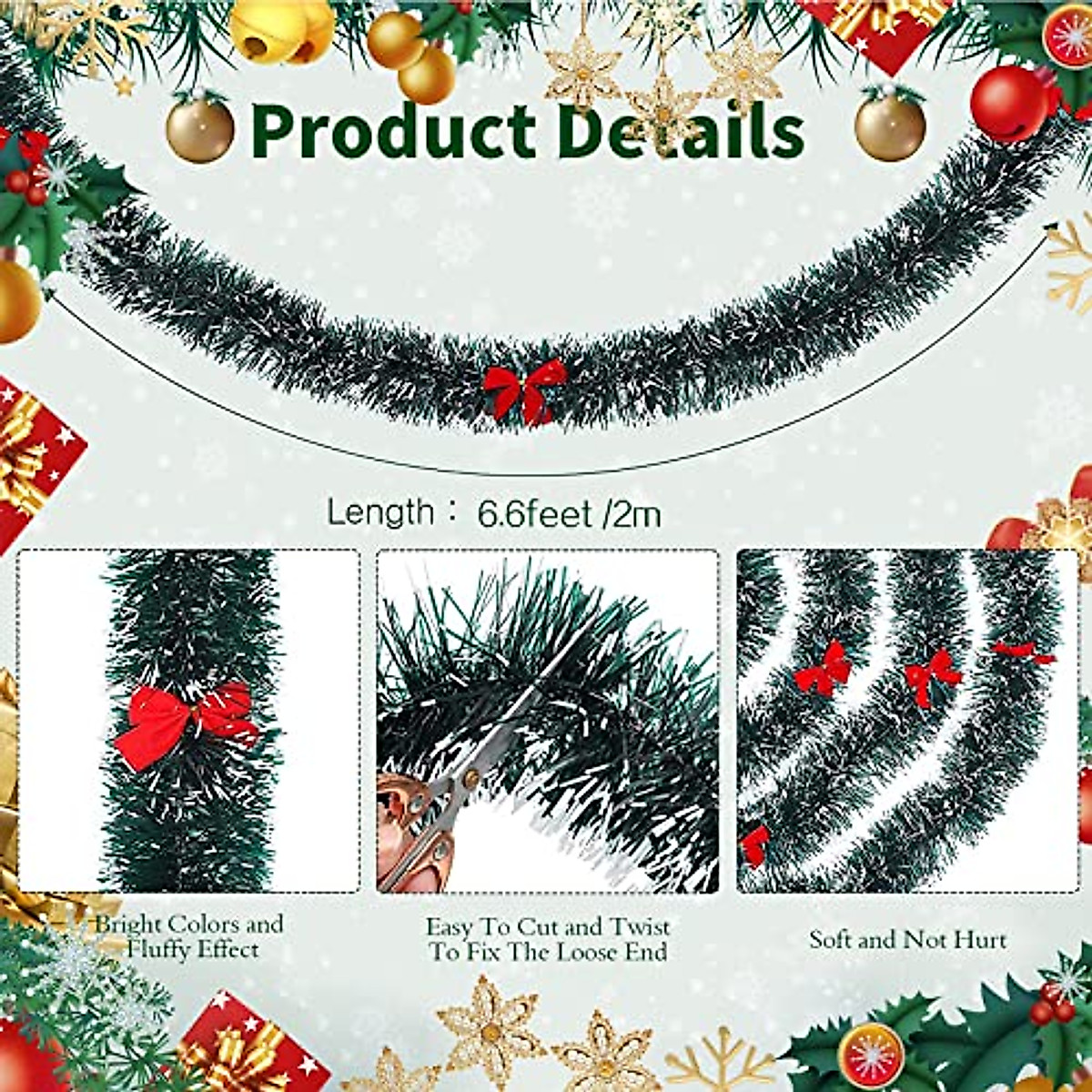 6.6 Feet Christmas Garland, CandyFouse Christmas Garland for Stairs Railing, Bowknot Garland Christmas Decorations for Tree in Home Indoor Outdoor, Holiday Wedding Party Supplies (Red)