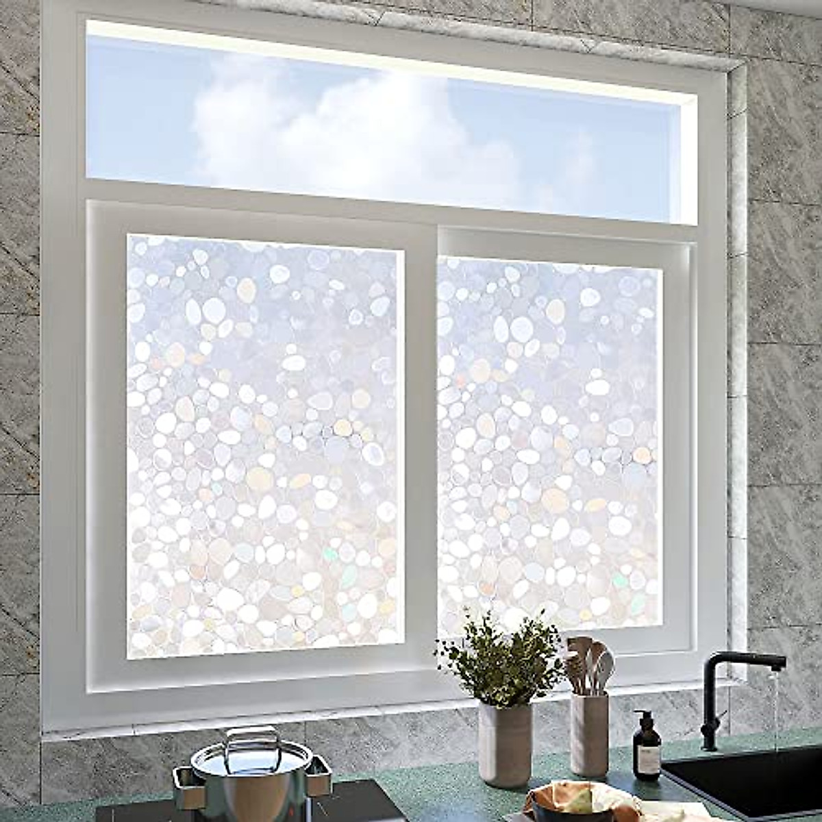 3D Pebble Window Privacy Film, Frosted Glass Window Film,Vinyl Decorative Window Decals, UV Blocking Window Coverings Static Clings Non Adhesive Window Film (17.5 x 78.7 inch)