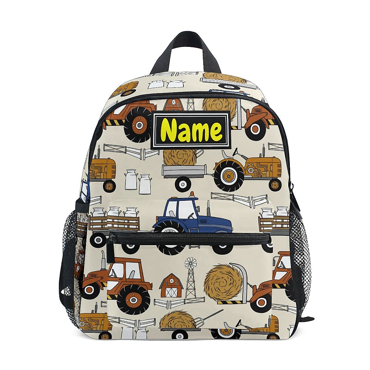 Glaphy Custom Kids Backpack for Boys Girls, Tractors Cars Toddler Backpack Kindergarten Elementary, Personalized Name Preschool Bookbag with Chest Strap